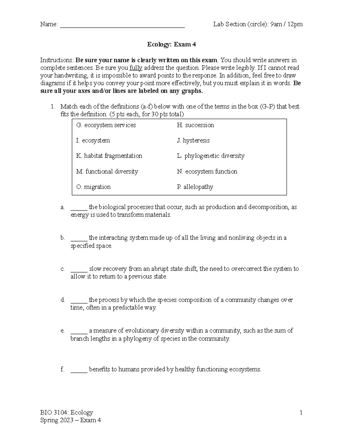 Bio 3104 ecology exam4 2023 - BIO 3104: Ecology 1 Ecology: Exam 4 ...