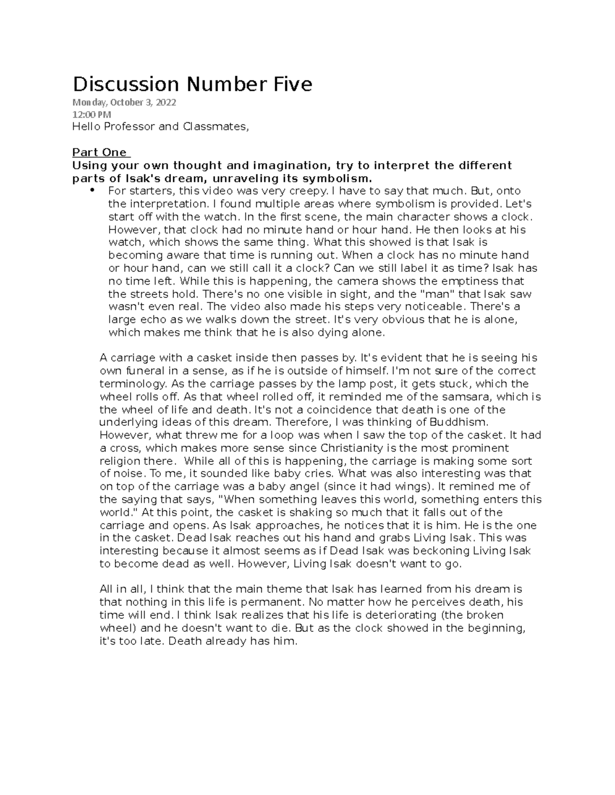 Discussion Number Five - Discussion Number Five Monday, October 3, 2022 ...