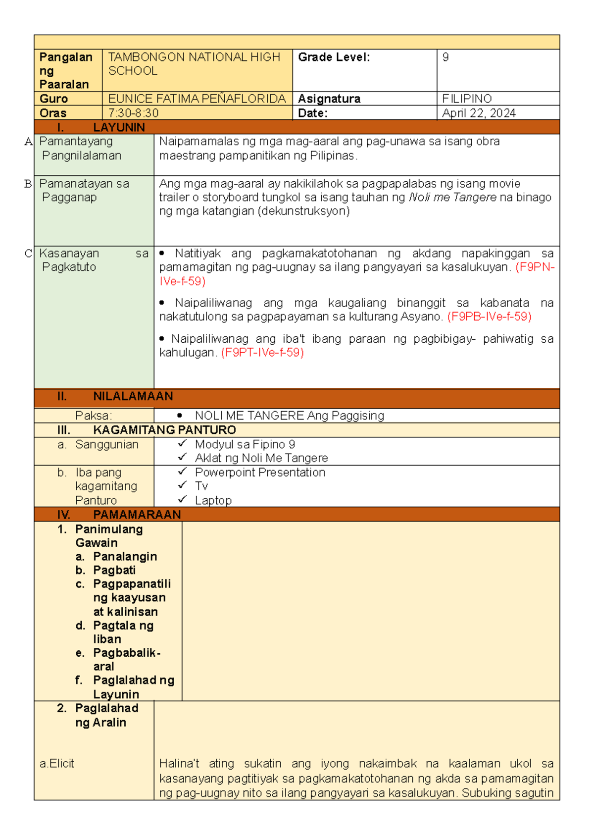 Fil9 mod5 lp3 - Lesson Plan/ lecture guide in English - Pangalan ng ...
