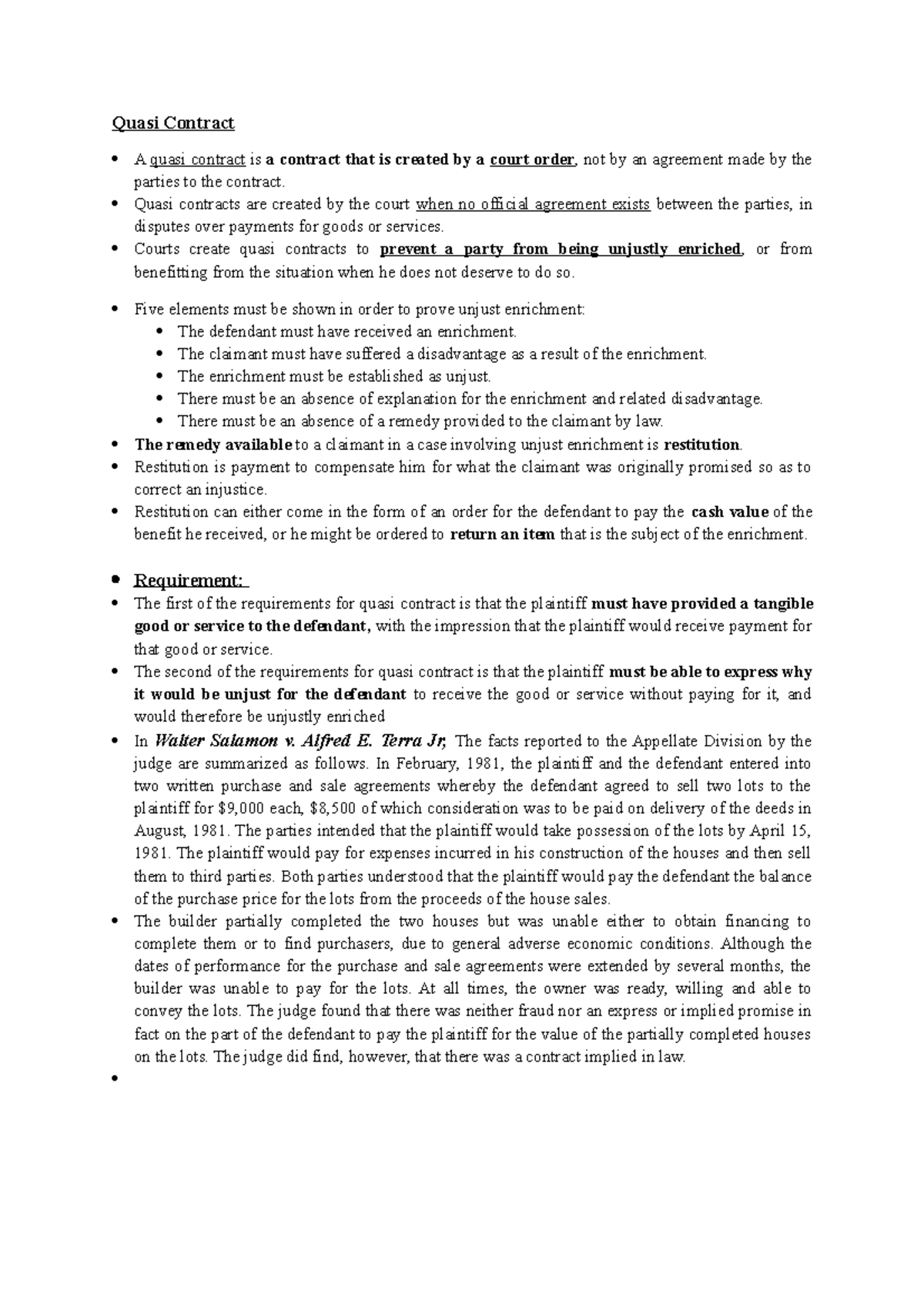 Quasi Contract - notes nia ! don't copy - Quasi Contract A quasi ...