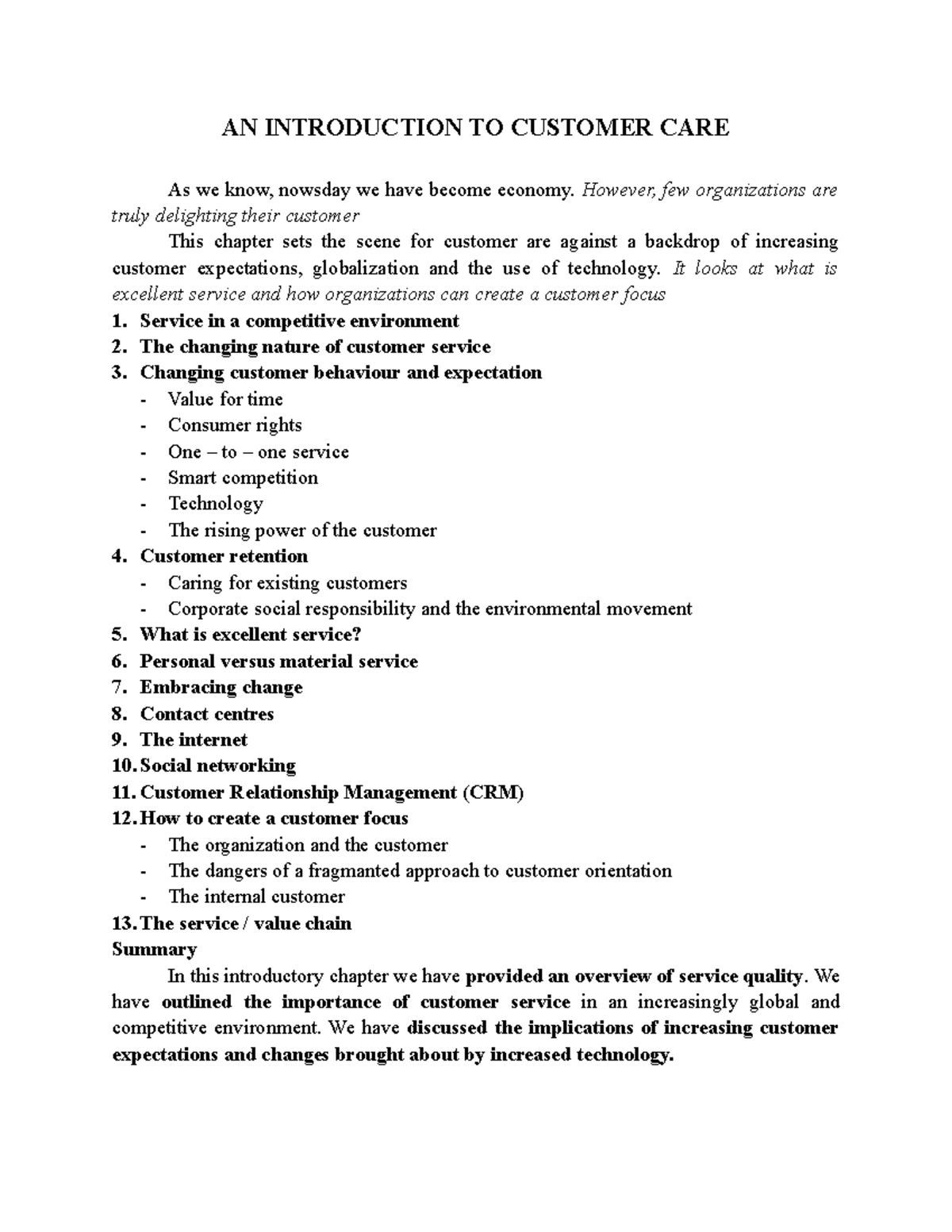 AN Introduction TO Customer CARE - AN INTRODUCTION TO CUSTOMER CARE As ...