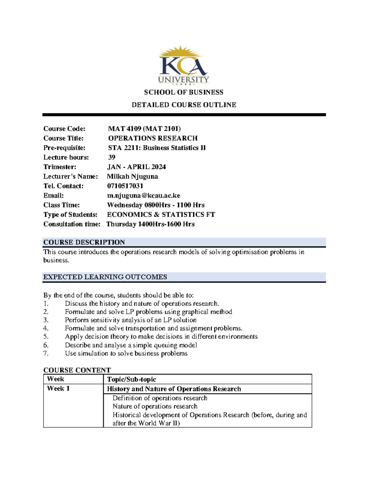 MAT 2101- Operations Research Course Outline FOR Ecostat - SCHOOL OF ...