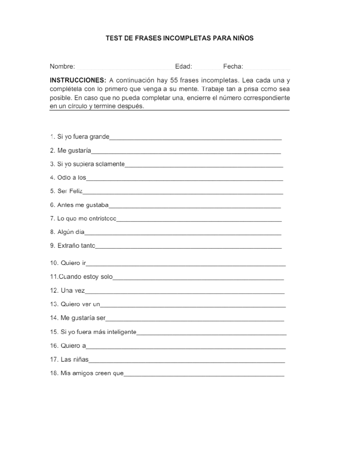 Sacks Infantil - TEST DE FRASES INCOMPLETAS PARA NIÑOS Nombre: Edad ...