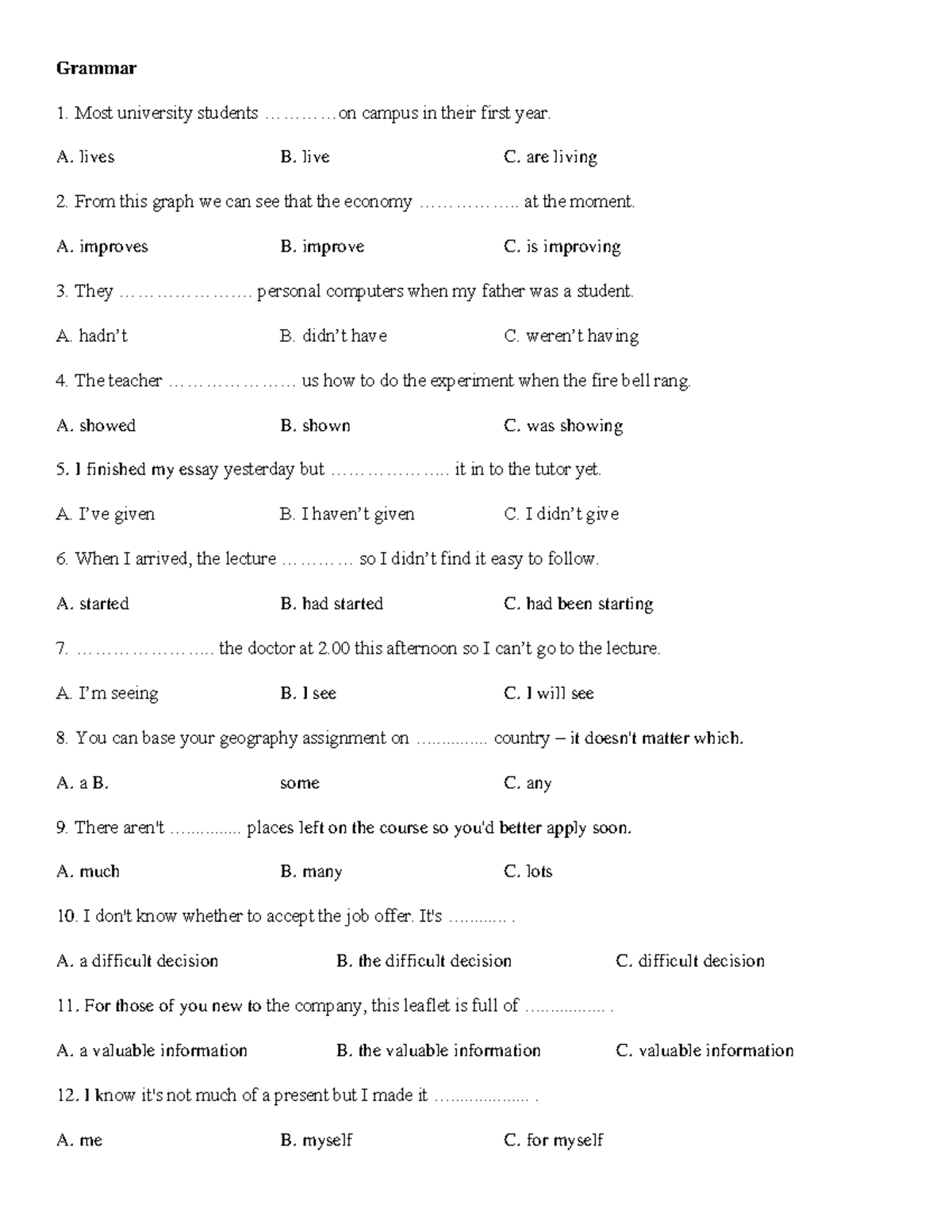 Reading-test-beginner - Grammar Most university students ...