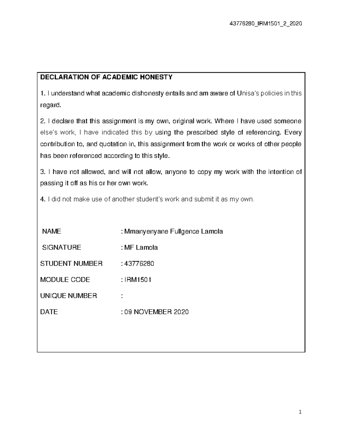 IRM1501 Portfolio Exam - DECLARATION OF ACADEMIC HONESTY I understand ...