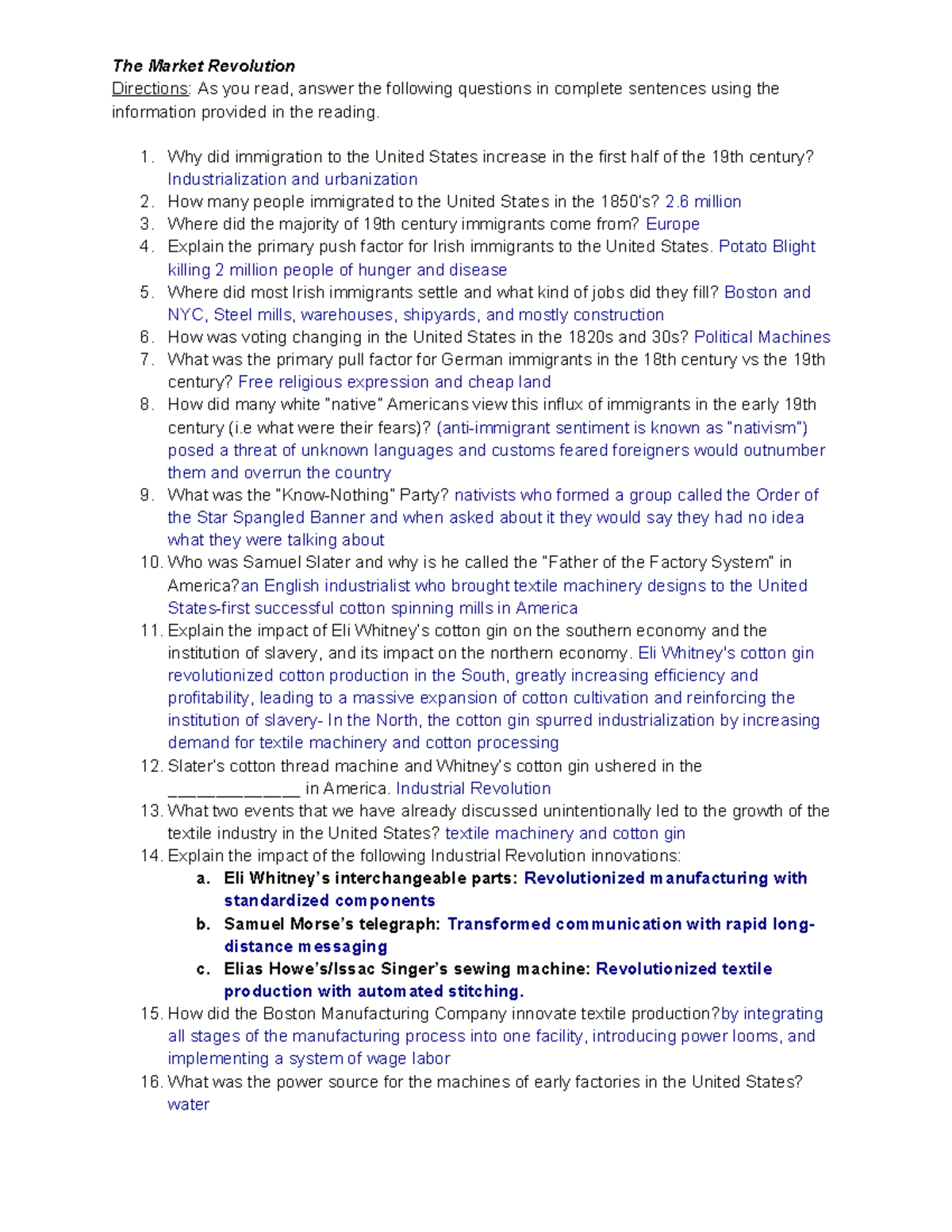 Market Revolution Reading Questions - The Market Revolution Directions ...