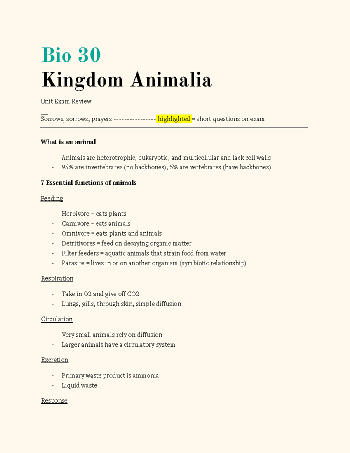 Bio 30 - Kingdom Animalia Unit Review - Studocu
