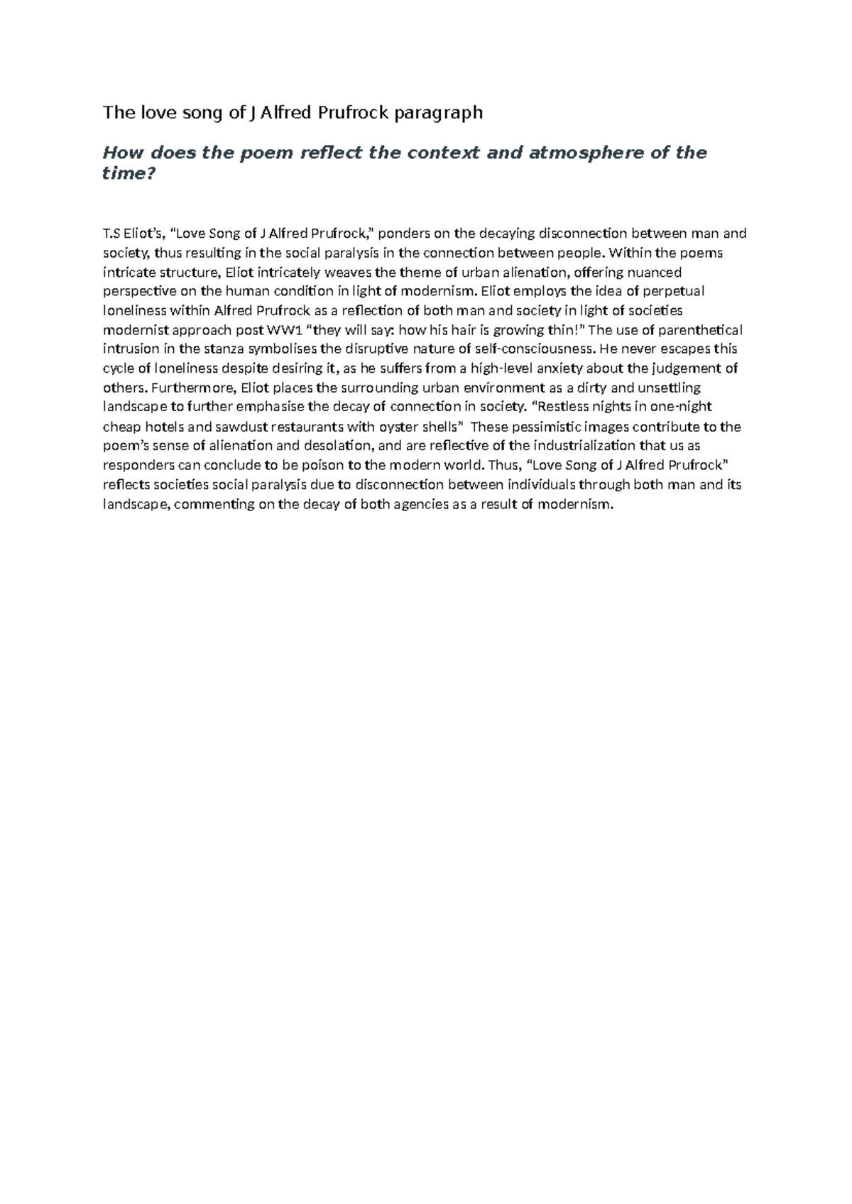 The love song of J Alfred Prufrock paragraph - Within the poems ...