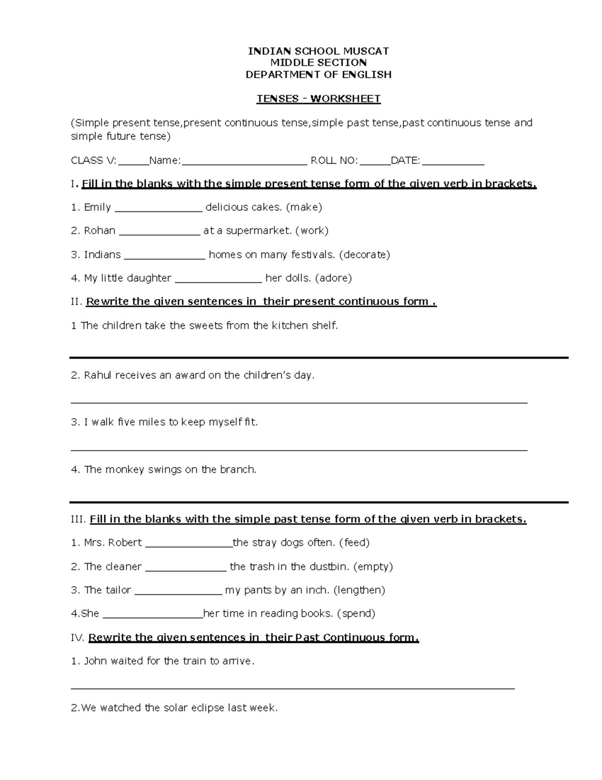 Class 5-English-Tenses worksheet - INDIAN SCHOOL MUSCAT MIDDLE SECTION ...