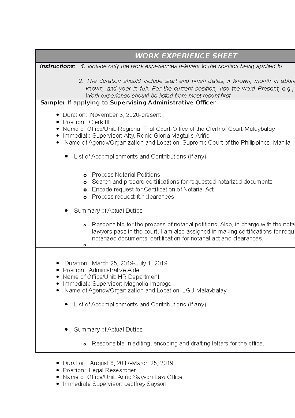 WORK Experience Work Sumary WORK EXPERIENCE SHEET Instructions 1 work-experience-work-sumary-work-experience-sheet-instructions-1
