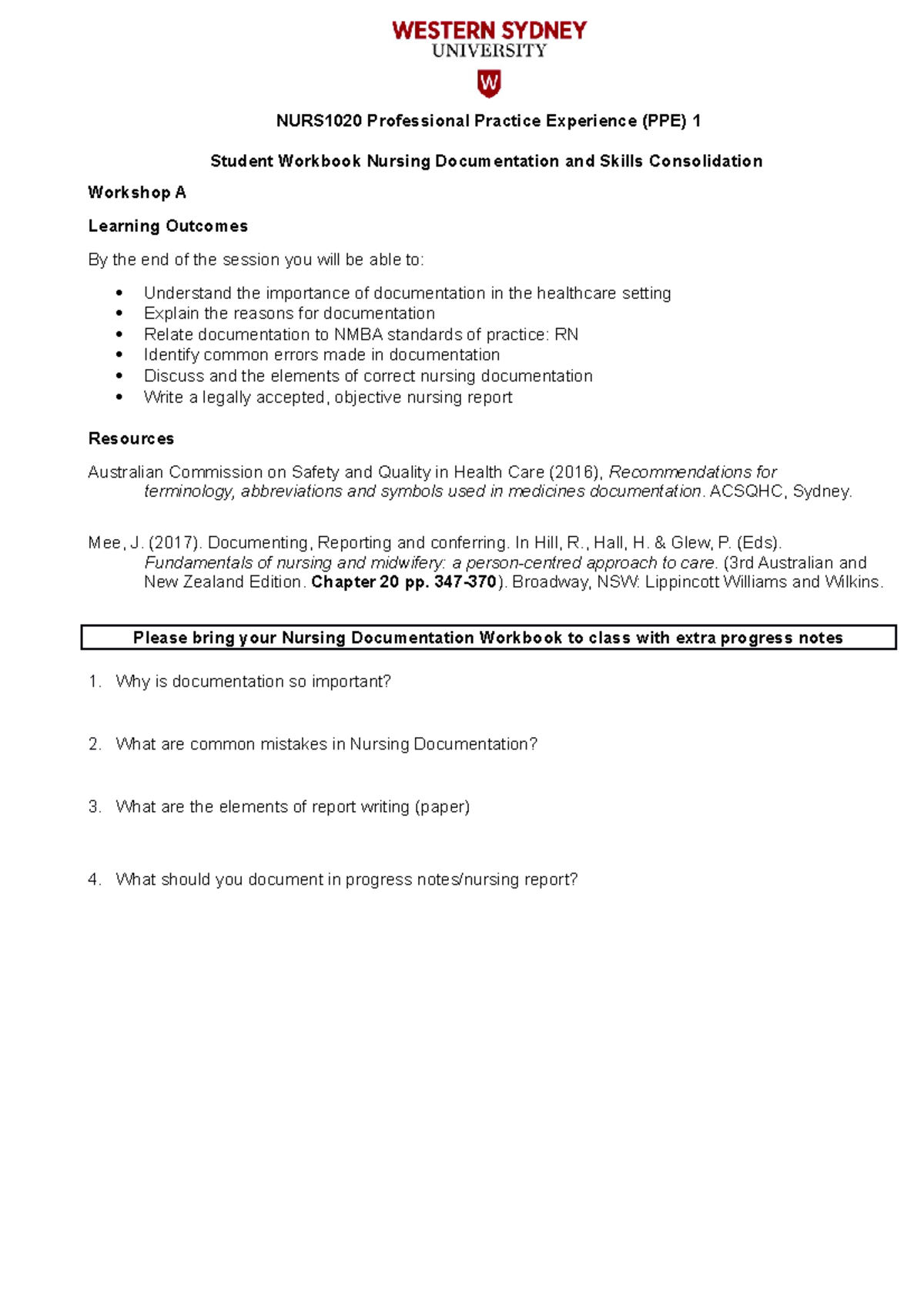 Student Workbook Module 10 Documentation - NURS1020 Professional ...