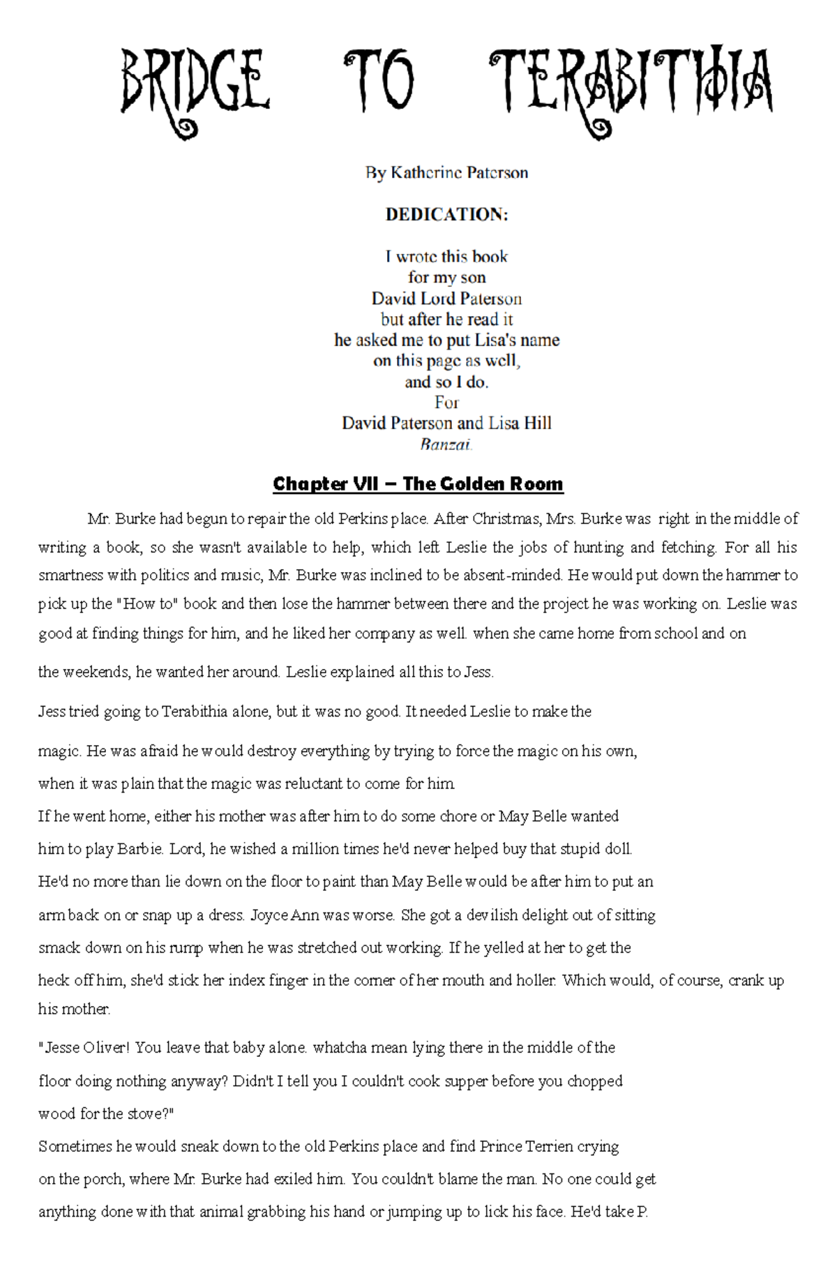 Chapters 7 9 Bridge to Terabithia - Chapter VII – The Golden Room Mr ...