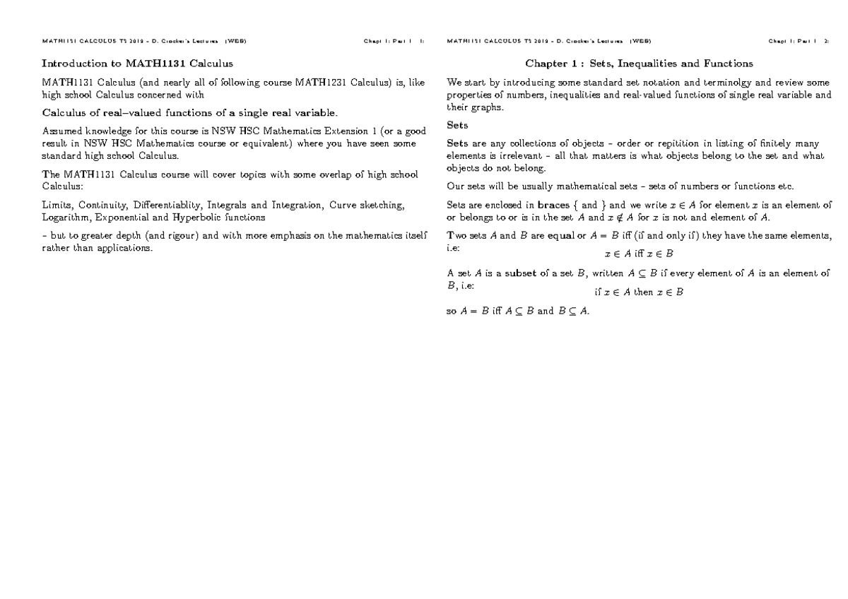 1-1 - calculus - Introduction to MATH1131 Calculus MATH1131 Calculus ...