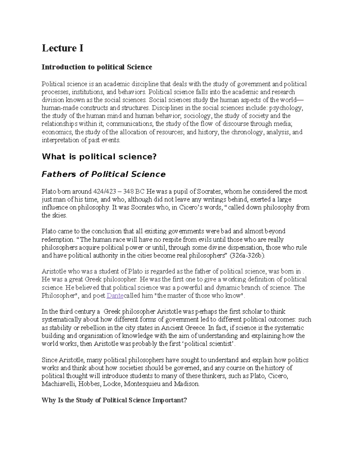 Lecture I Political science - Lecture I Introduction to political ...