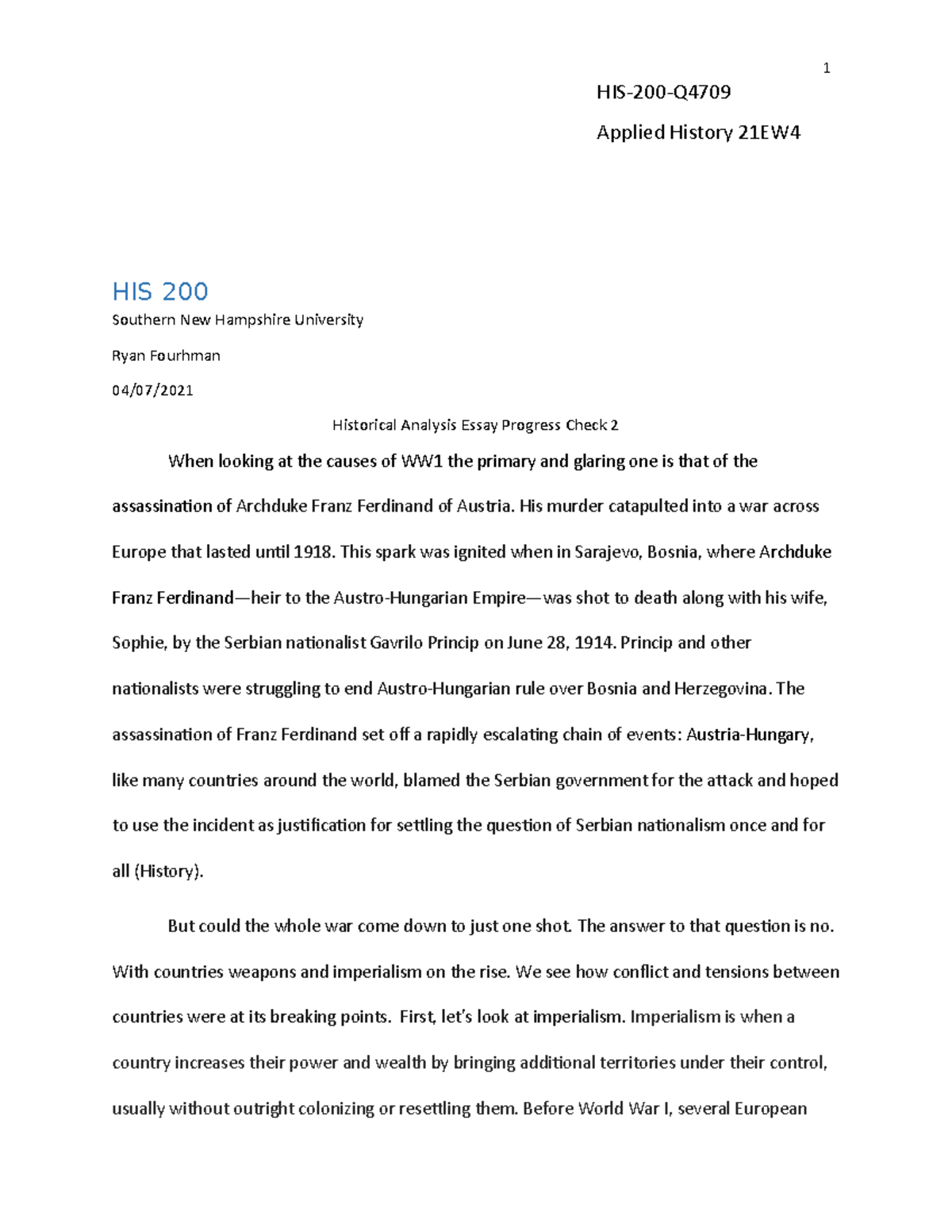 HIS 200 Historical Analysis Essay Progress Check 3 - HIS-200-Q Applied ...