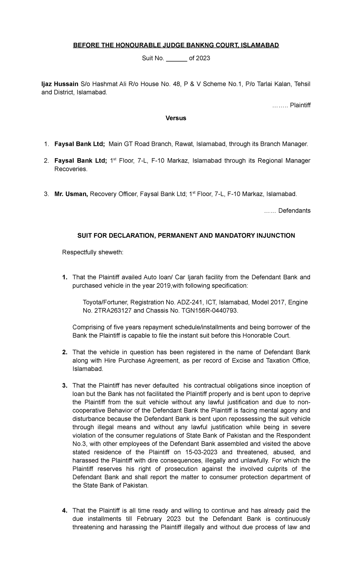 Main Suit Ijaz Hussain - sample legal document - BEFORE THE HONOURABLE ...