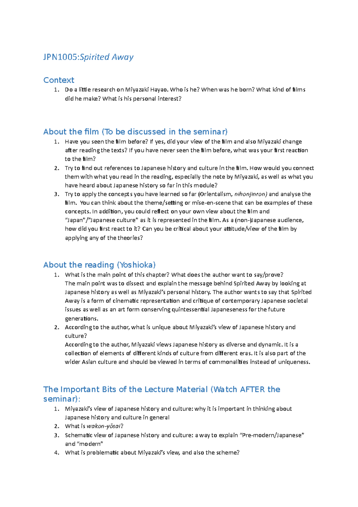 Handout(5) spirited away - JPN1005: Spirited Away Context Do a litle ...