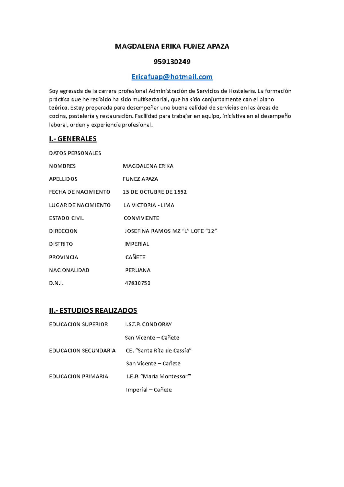 CV - Malena - Ayudando a los demas. - MAGDALENA ERIKA FUNEZ APAZA ...