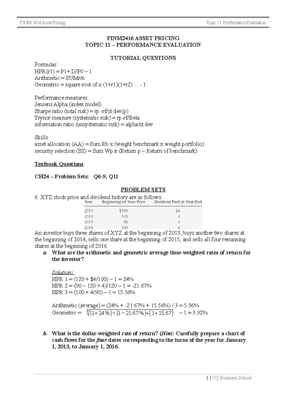 Tutorial Questions and answers for Week 11(1) - FINM2416 ASSET PRICING ...