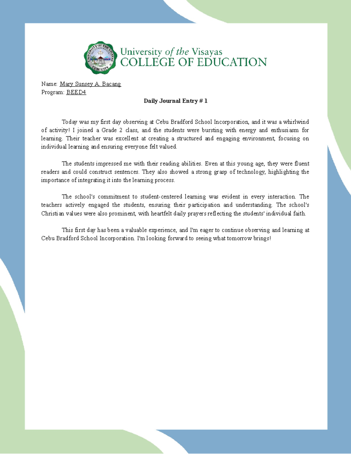 Daily Journal 1st Week - Program: BEED Daily Journal Entry # 1 Today ...