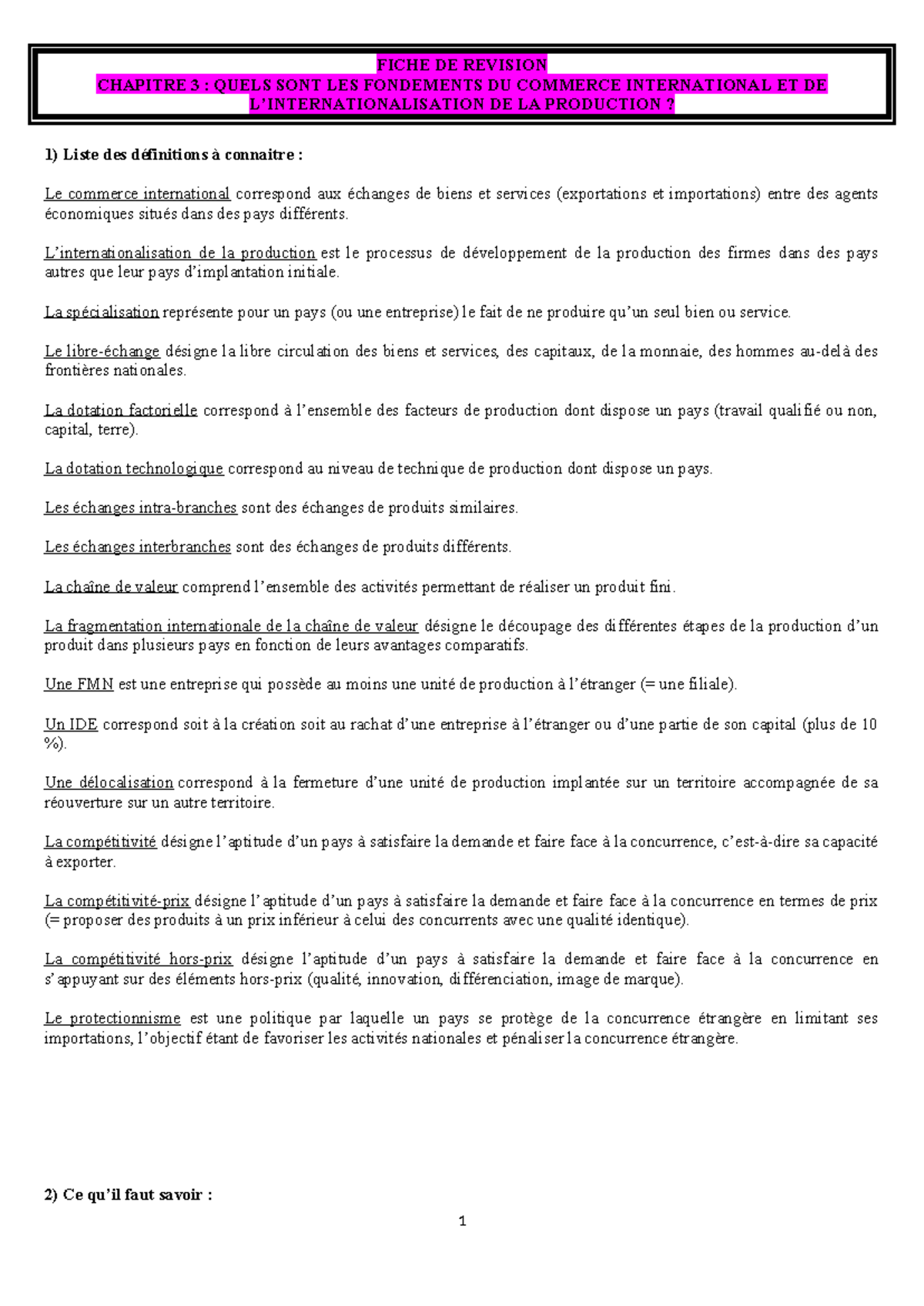 Chap 3 Fiche de révision Term - FICHE DE REVISION CHAPITRE 3 : QUELS SONT LES FONDEMENTS DU ...