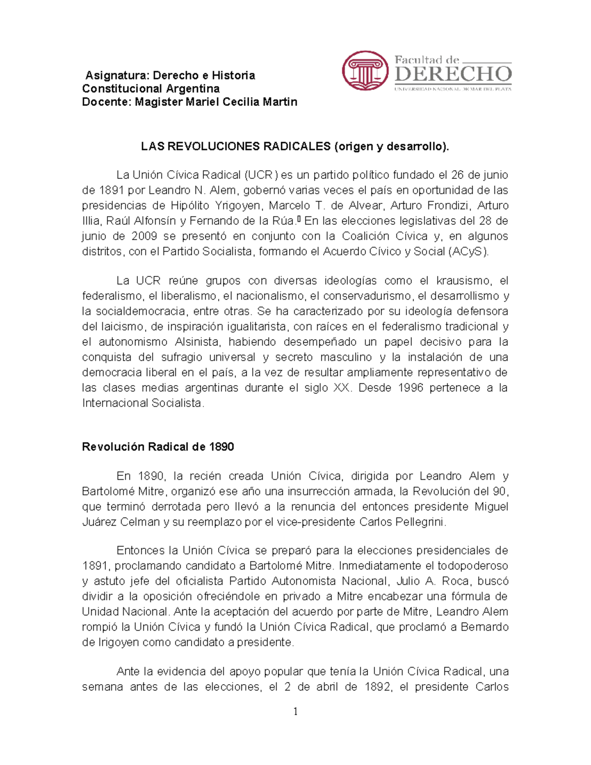 EL Radicalismo Y Revoluciones Radicales-1 - Asignatura: Derecho e ...