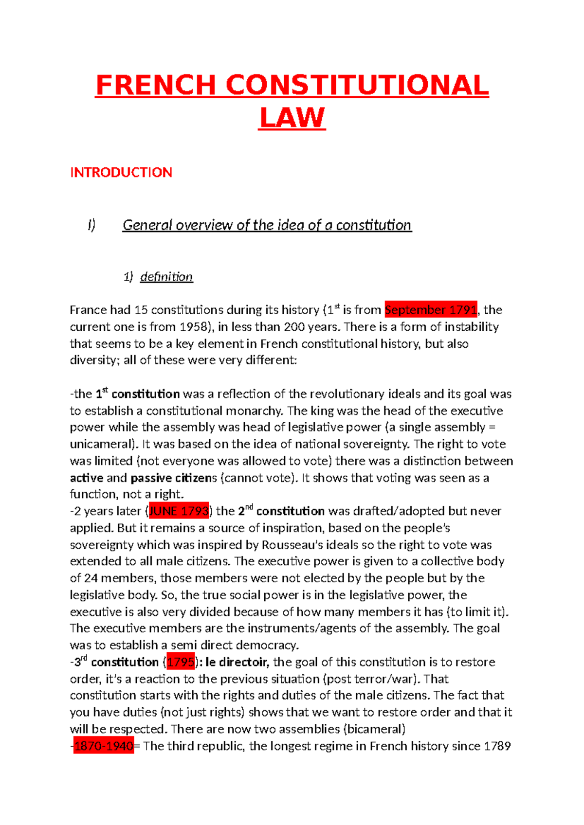 FCL jusqu'au 20 10 23 - cours de fcl - FRENCH CONSTITUTIONAL LAW INTRODUCTION I) General ...