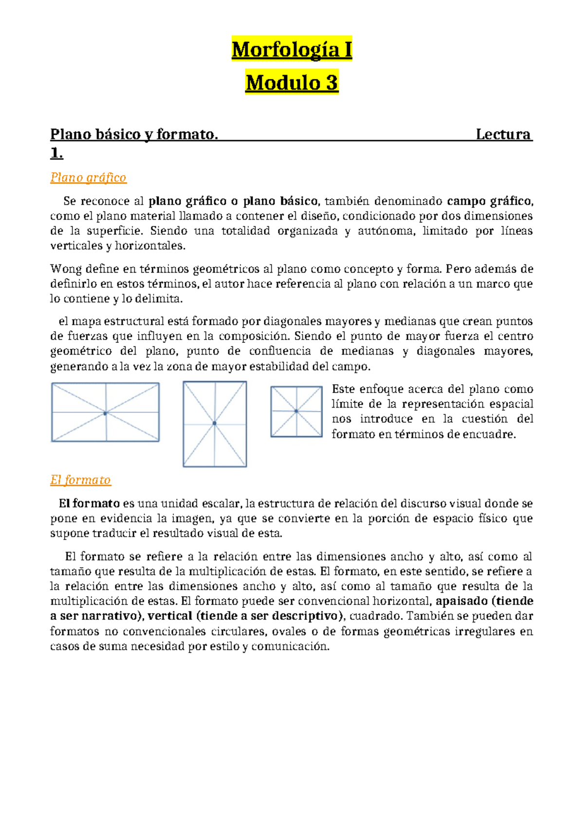 Morfología I resumen M3 y 4 - Morfología I Modulo 3 Plano básico y formato. Lectura 1. Plano ...