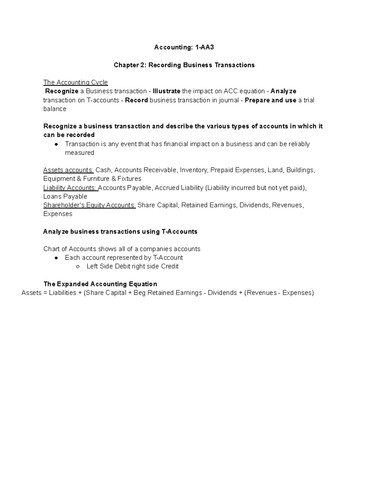 1-AA3 Chapters 2, 3, 4, 6 Notes - Accounting: 1-AA Chapter 2: Recording ...