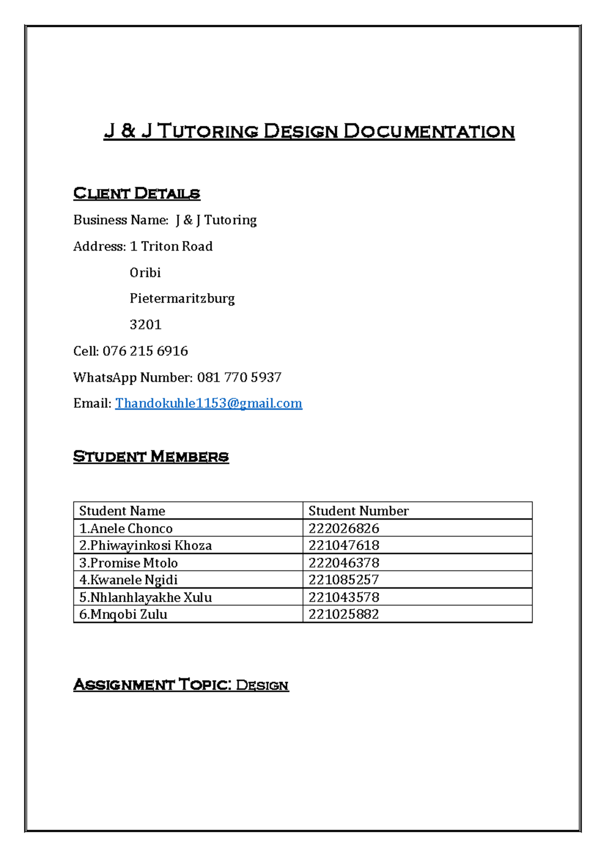 Kmapp Design - J & J Tutoring Design Documentation Client Details Business Name: J & J - Studocu