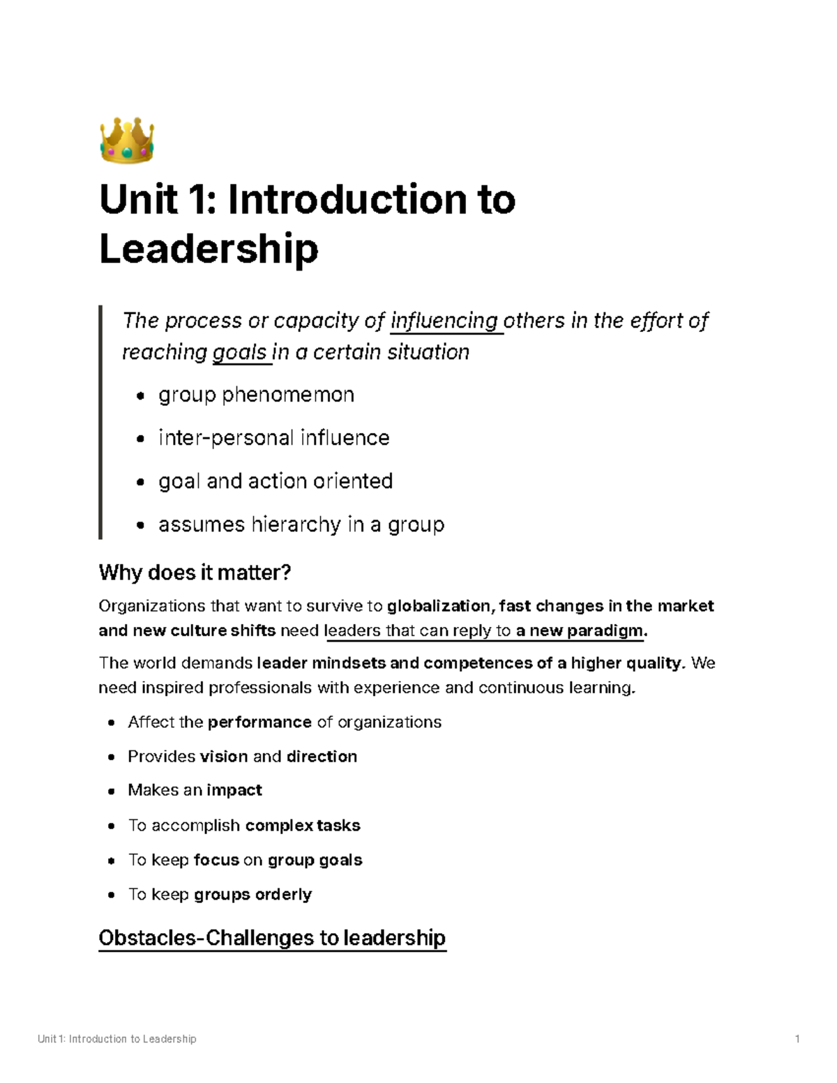 Unit 1 Introduction to Leadership - 👑 Unit 1: Introduction to ...