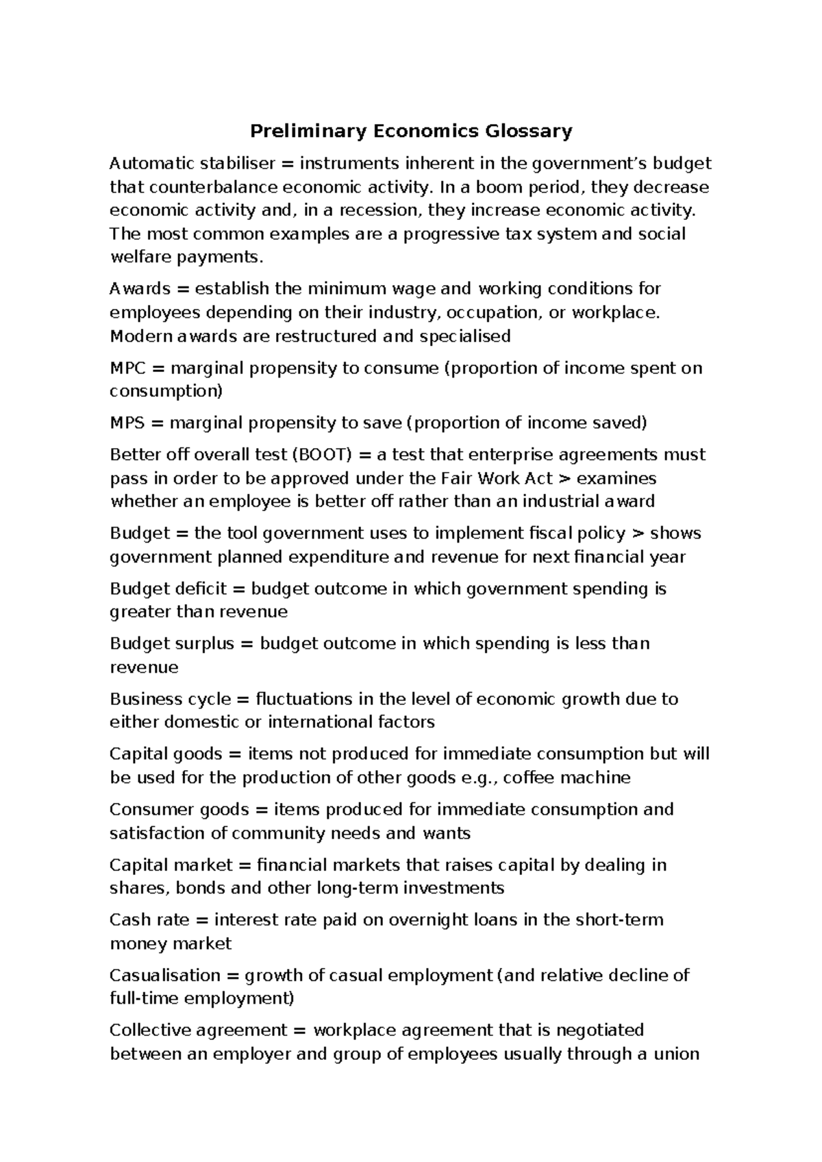 Key Definitions - Preliminary Economics Glossary Automatic stabiliser ...