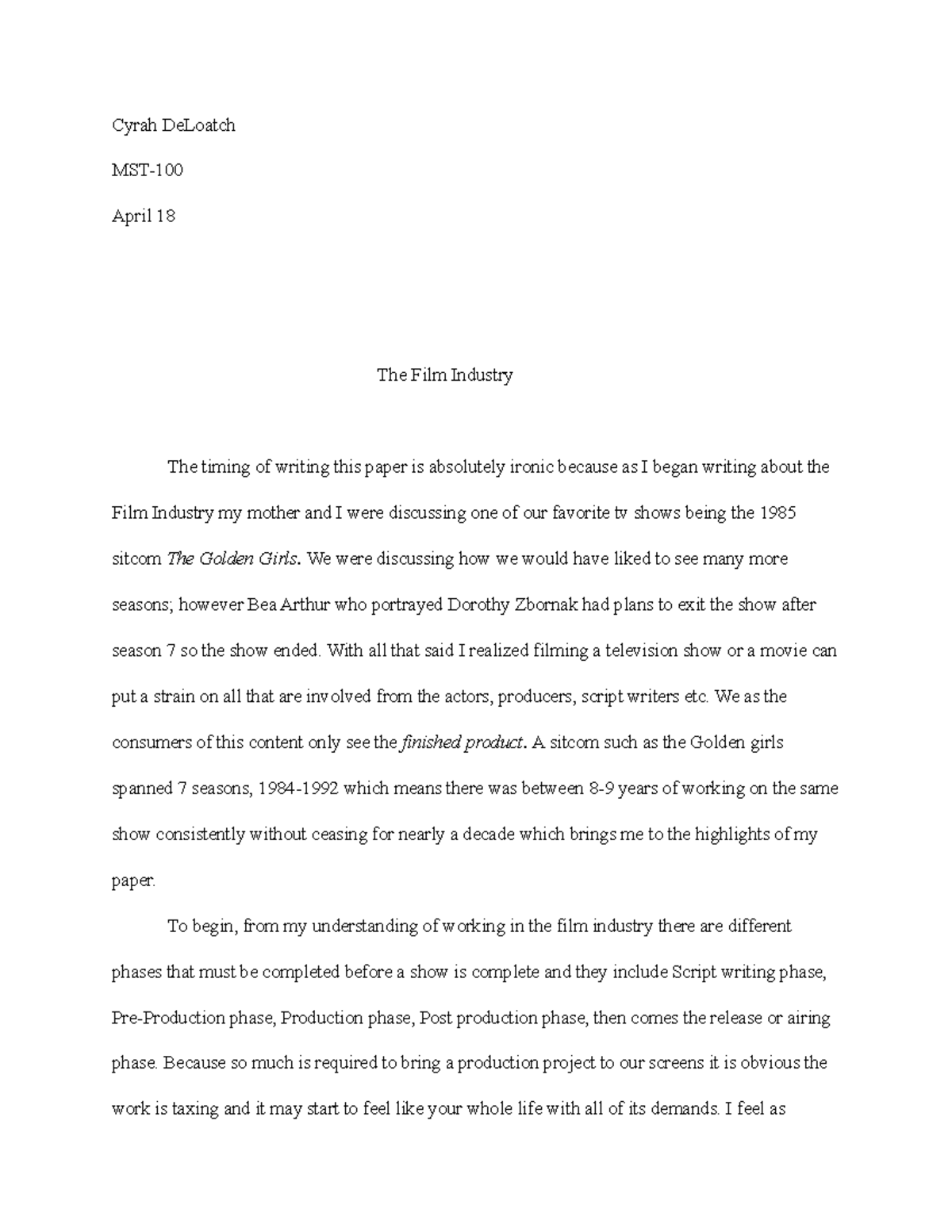 Film Industry Paper - Cyrah DeLoatch MST- April 18 The Film Industry ...