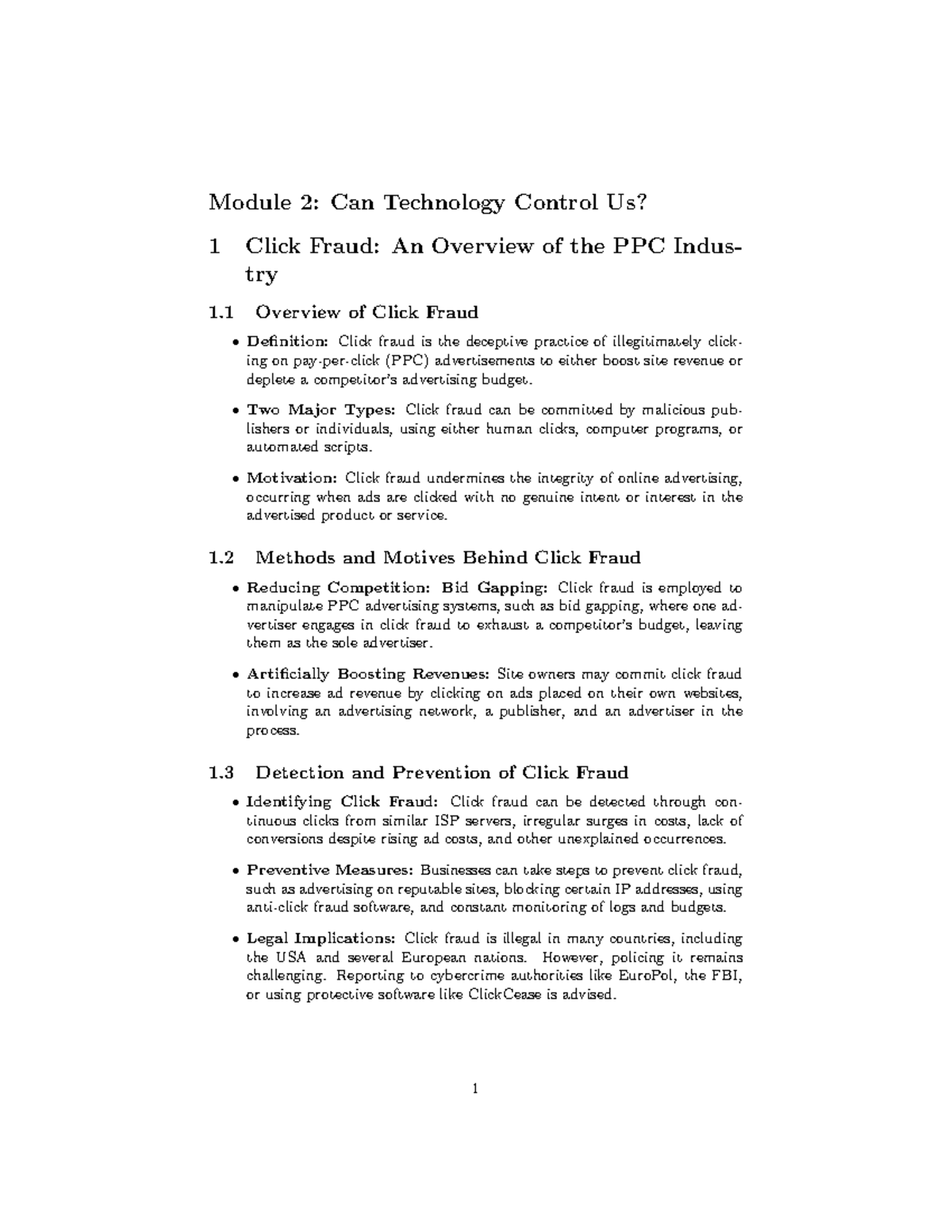 ENCS MT main points - Module 2: Can Technology Control Us? 1 Click Fraud: An Overview of the PPC ...