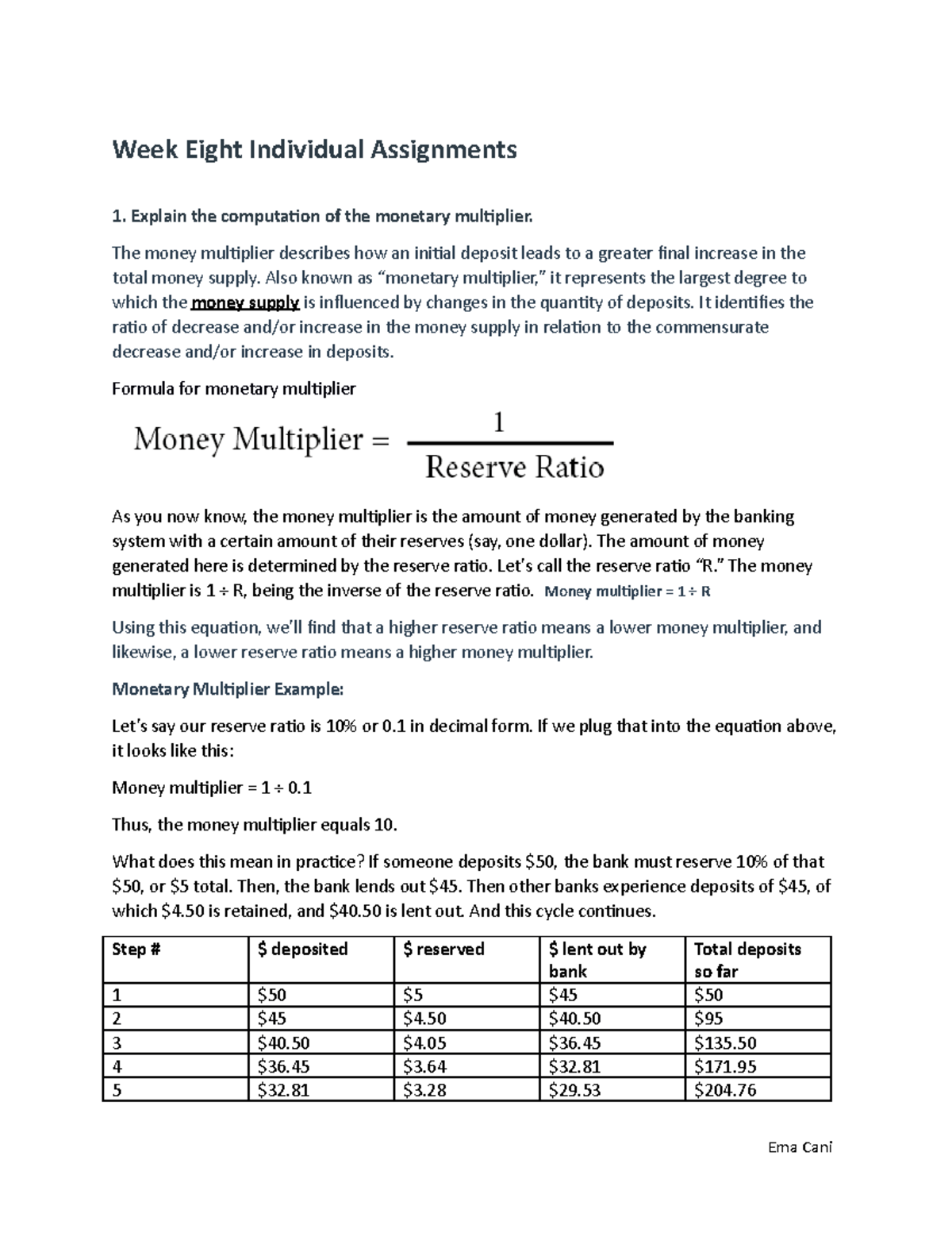 Document 28 - Money Multiplier - Week Eight Individual Assignments ...