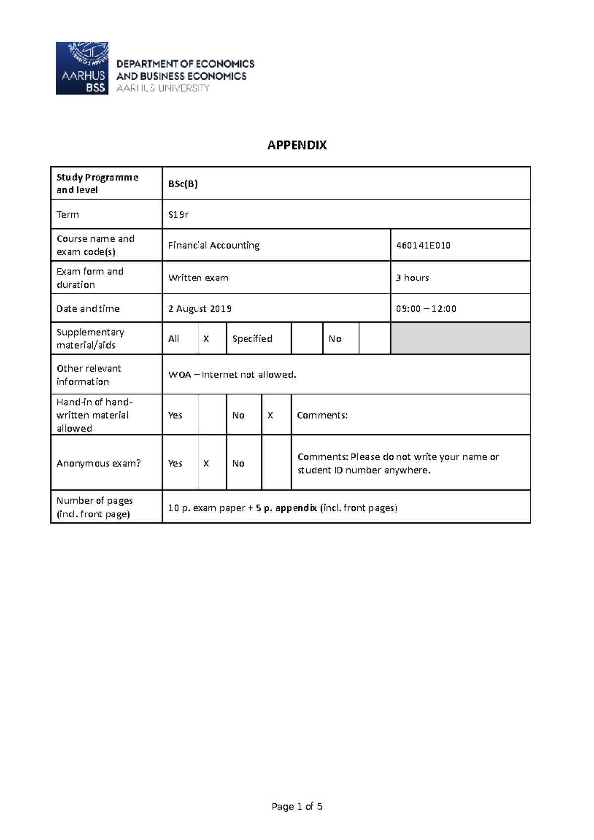 Aarhus University Financial Accounting Exam - August 2019 - Appendix ...