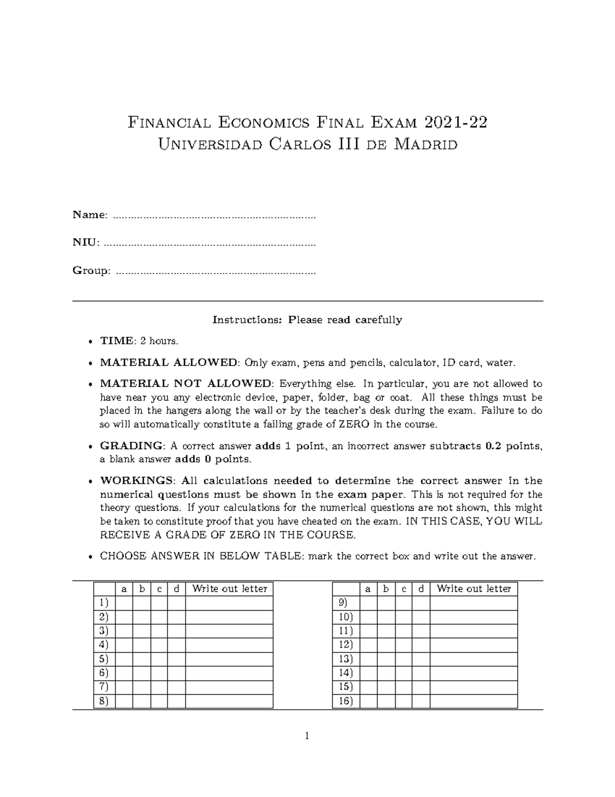 Final Exam 2021 - Financial Economics Final Exam 2021- Universidad ...