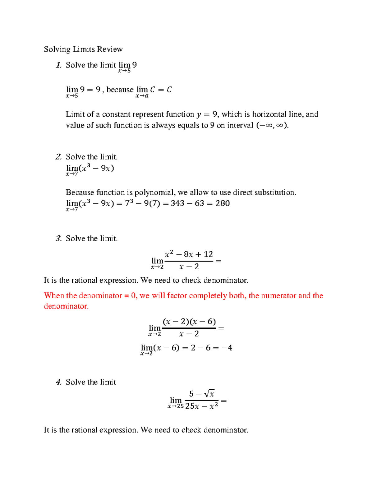 Test 1 part 2 - Reviews major topics of limits and asymptotes in order ...