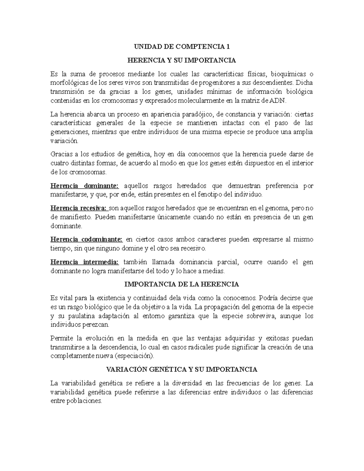 Lectura 2 UC1 - UNIDAD DE COMPTENCIA 1 HERENCIA Y SU IMPORTANCIA Es la ...