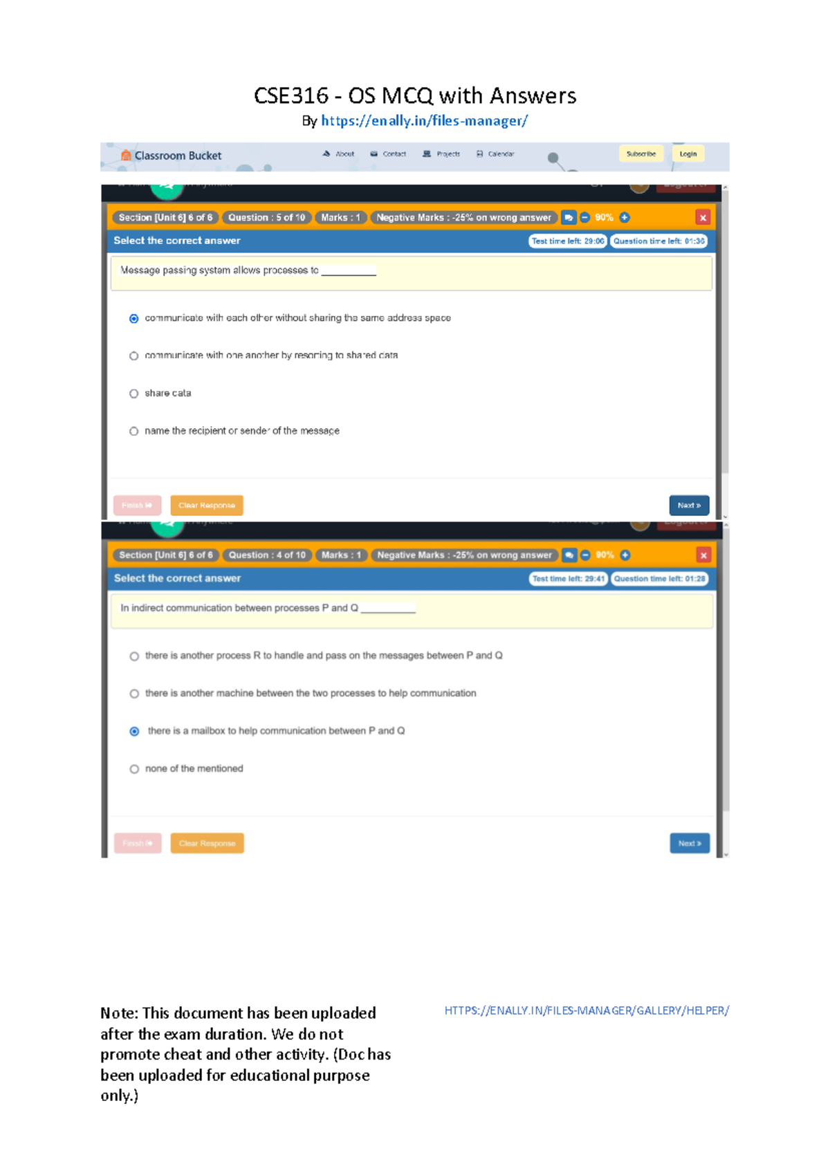 CSE316 - ETE MCQ with Answers - Unchecked - Note: This document has been uploaded after the exam ...