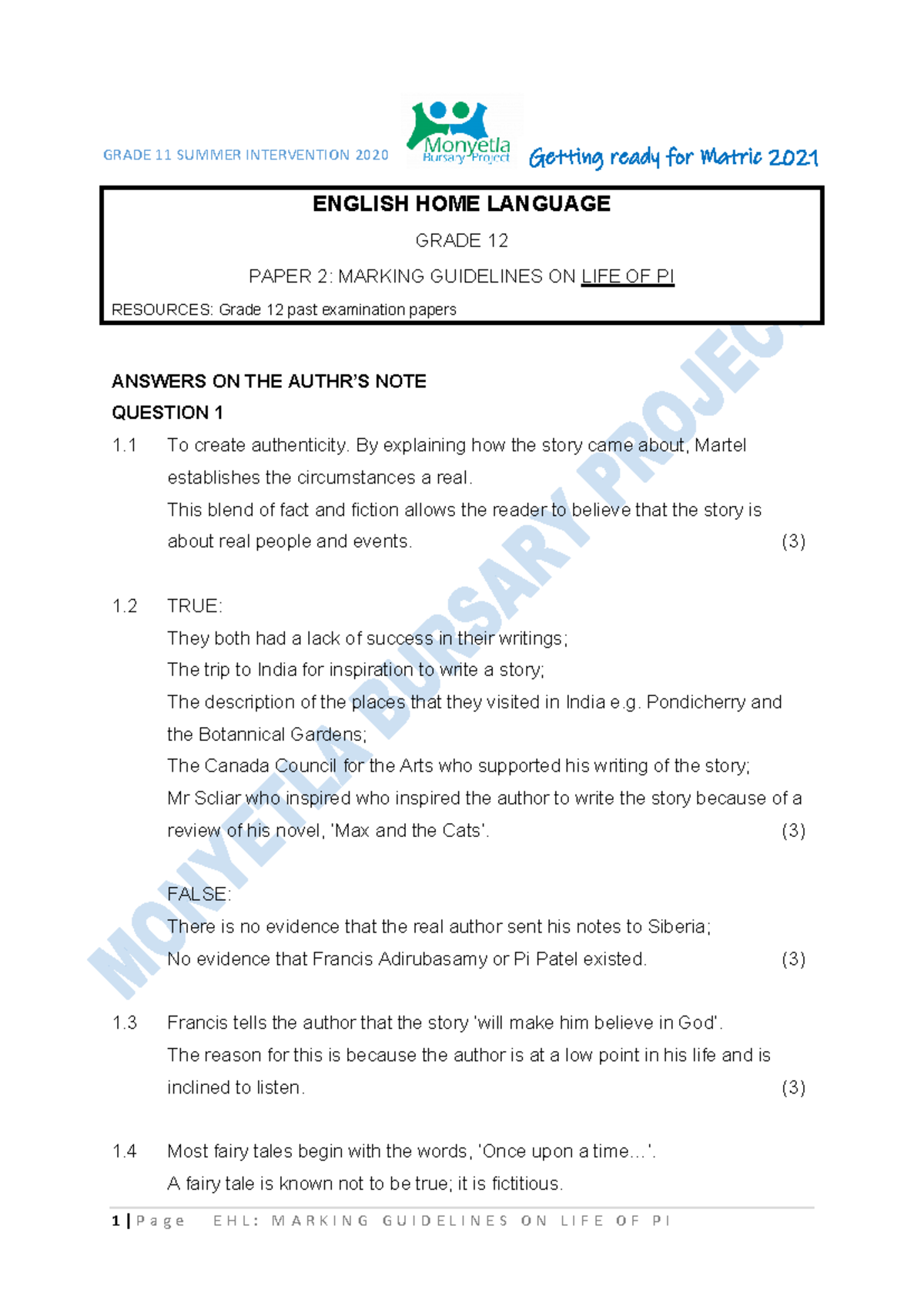 3 - Correction - ENGLISH HOME LANGUAGE GRADE 12 PAPER 2 : MARKING ...