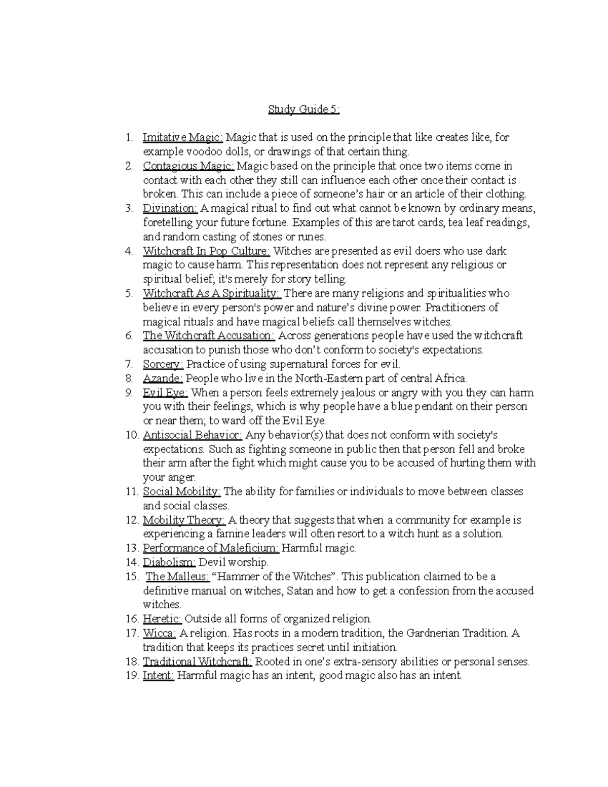 Witch Craft SG 5 - Study Guide 5 for ANTHRO-110 - Study Guide 5 ...