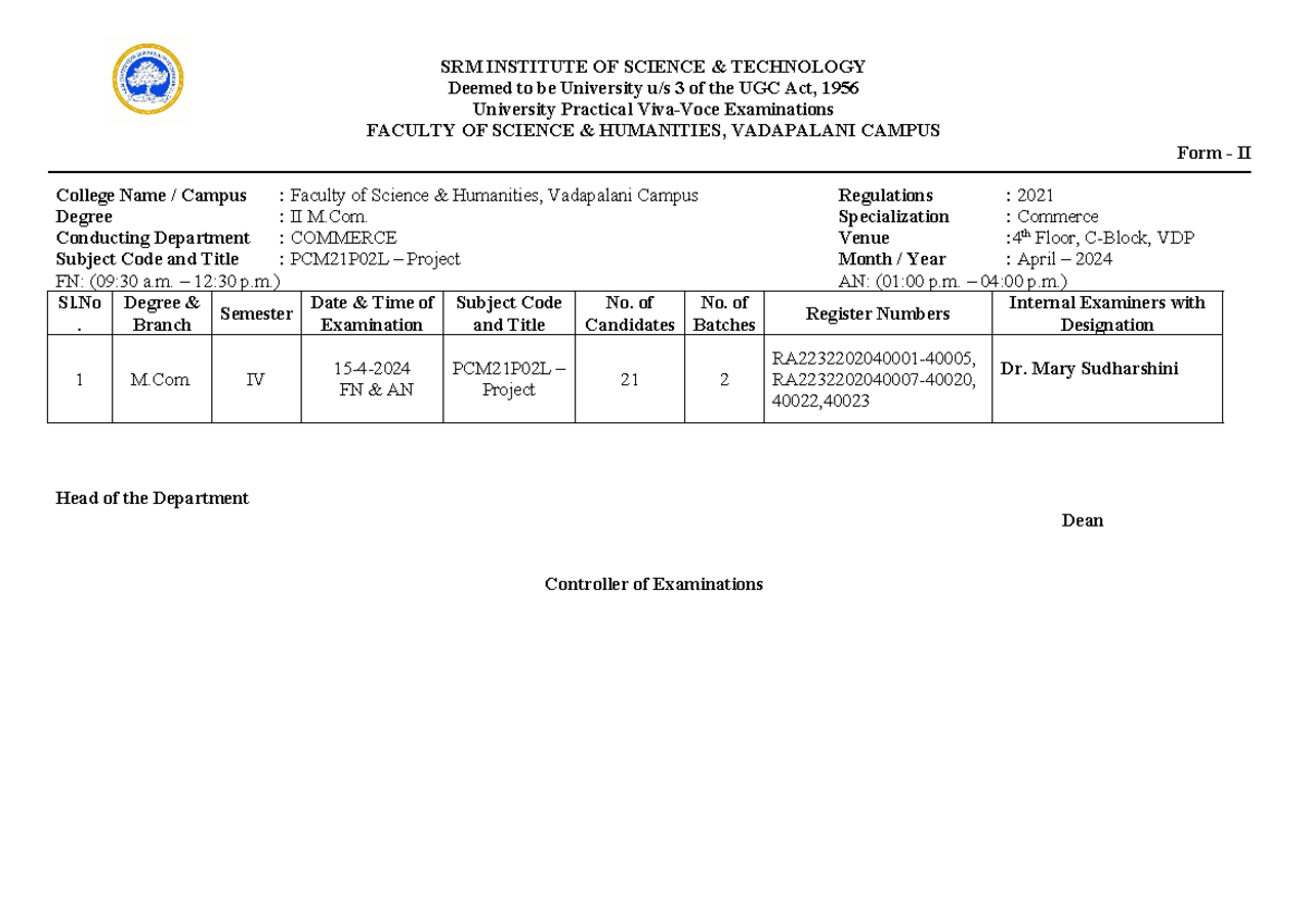 PCM21S03L Mini Project Work Form II - SRM INSTITUTE OF SCIENCE ...