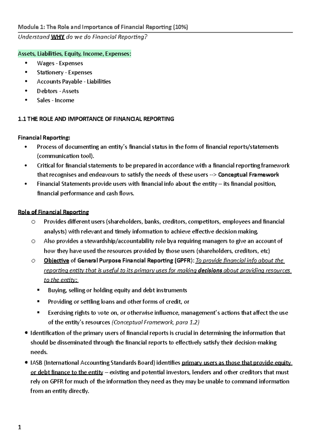 Module 1 - The Role and Importance of Financial Reporting - Critical ...