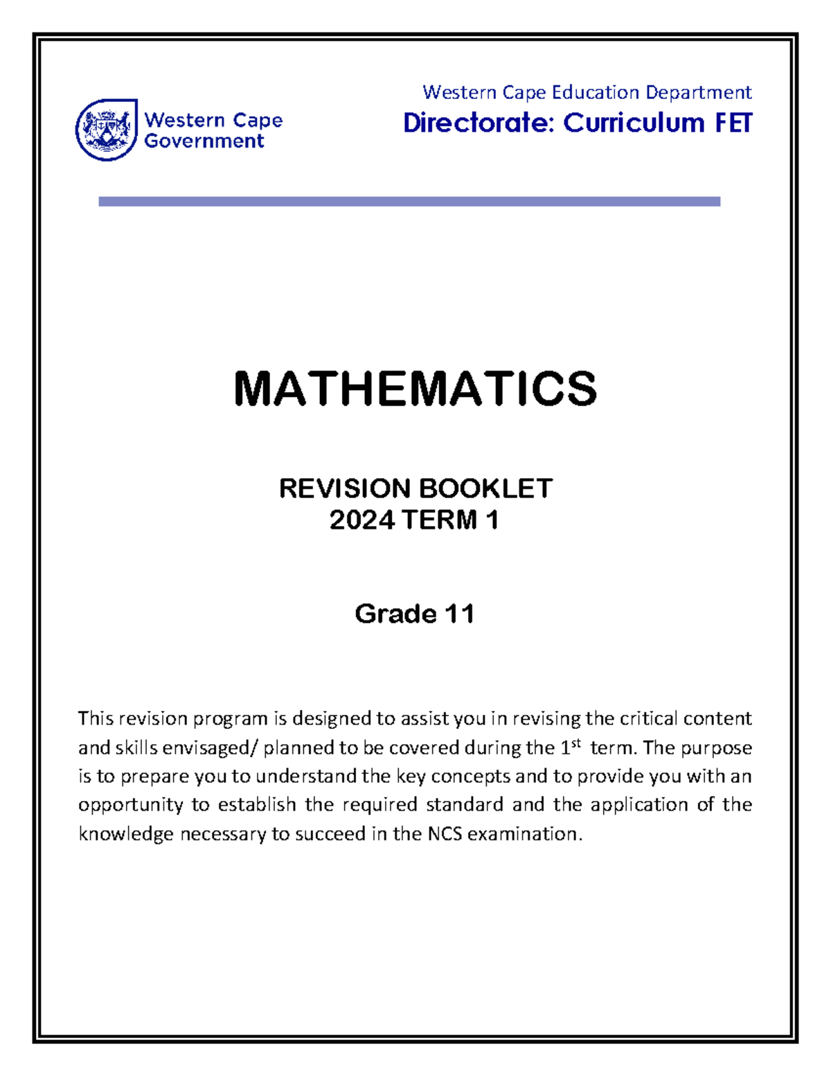 Mathematics Grade 11 Revision Term 1 2024 - Western Cape Education ...