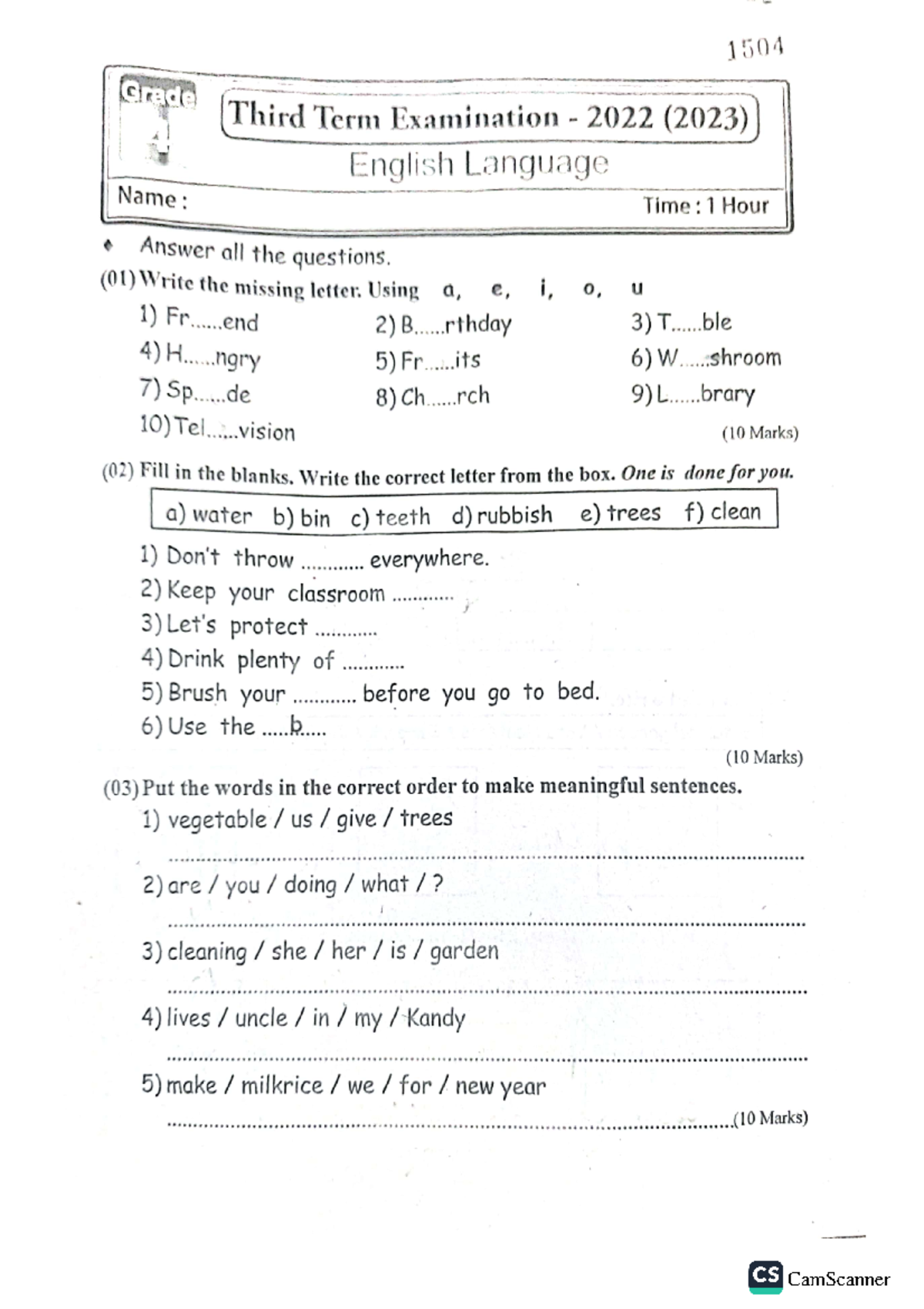 English - Grade 4 - Third Term Test 2022 - NT 301 - Studocu