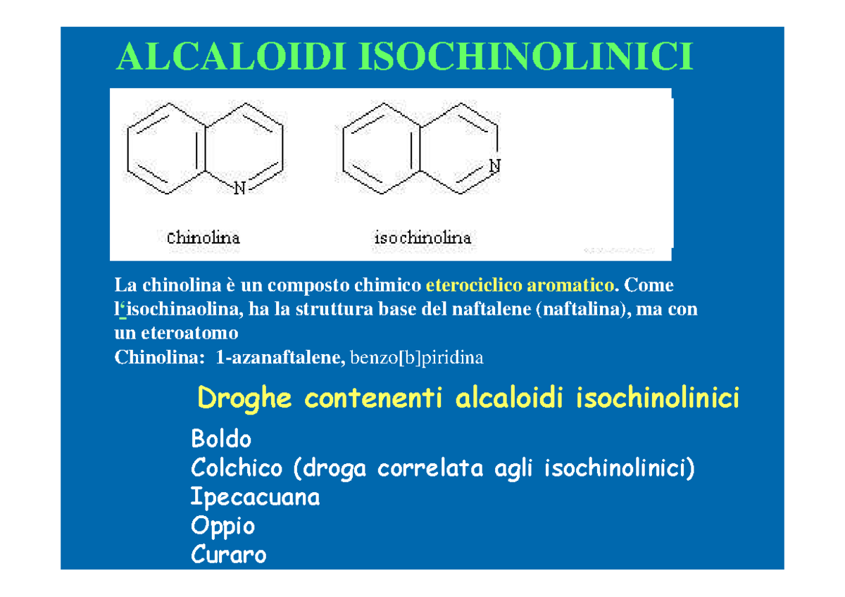 10 Alcaloidi isochinolinici - ALCALOIDI ISOCHINOLINICI La chinolina è ...