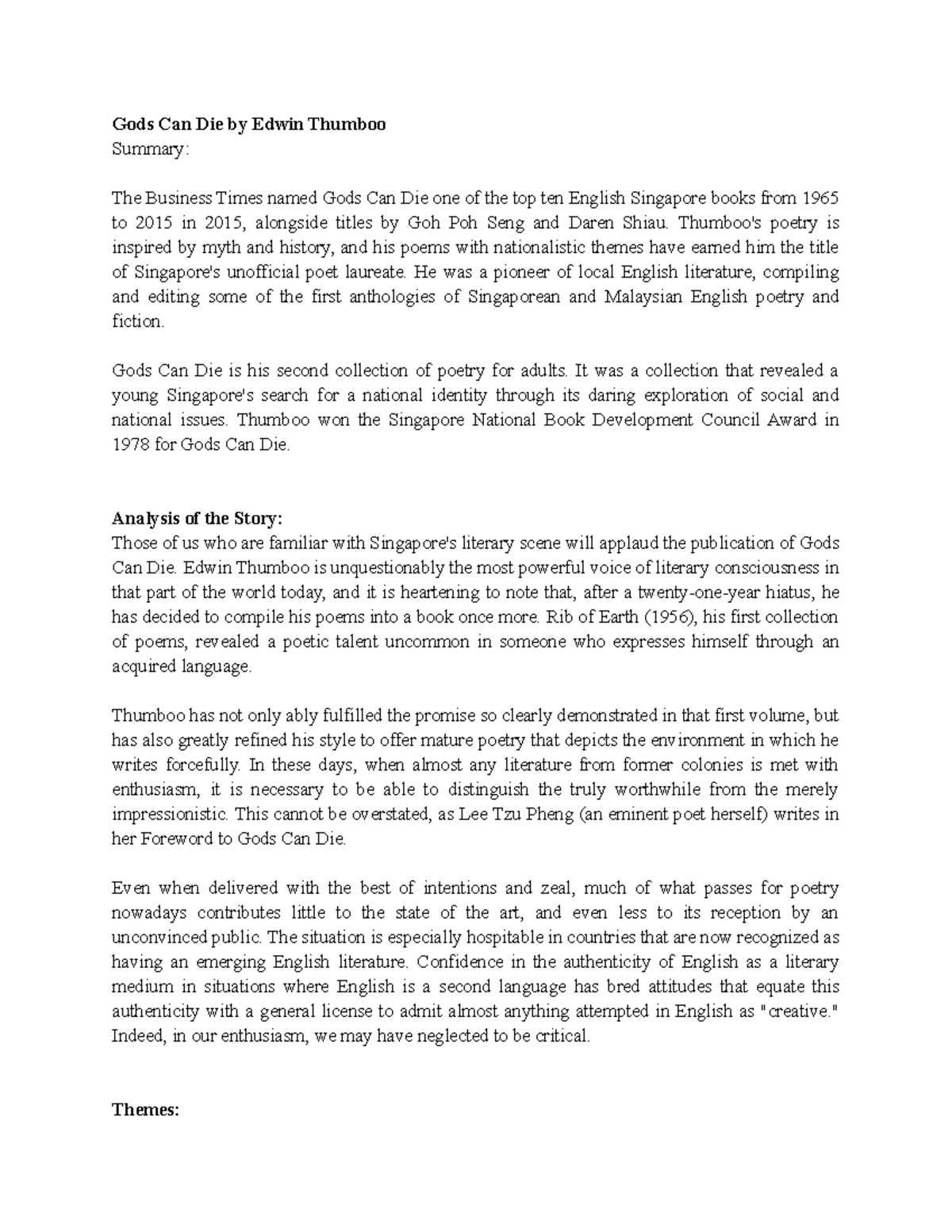 Gods Can Die by Edwin Thumboo (Summary, activity, analysis) - Gods Can ...