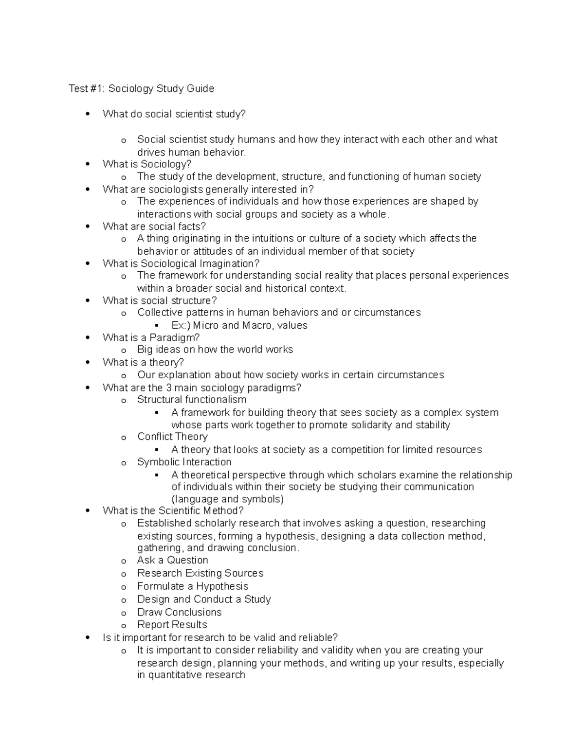 Study Guide - Sociology - Test #1: Sociology Study Guide What do social ...