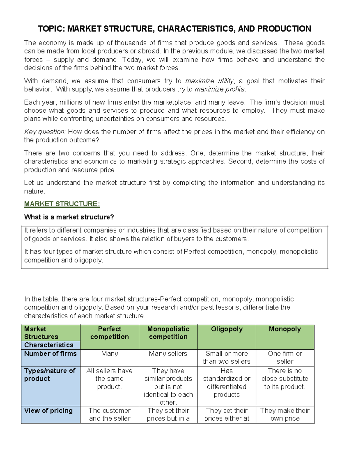 Manecon - TOPIC: MARKET STRUCTURE, CHARACTERISTICS, AND PRODUCTION ...